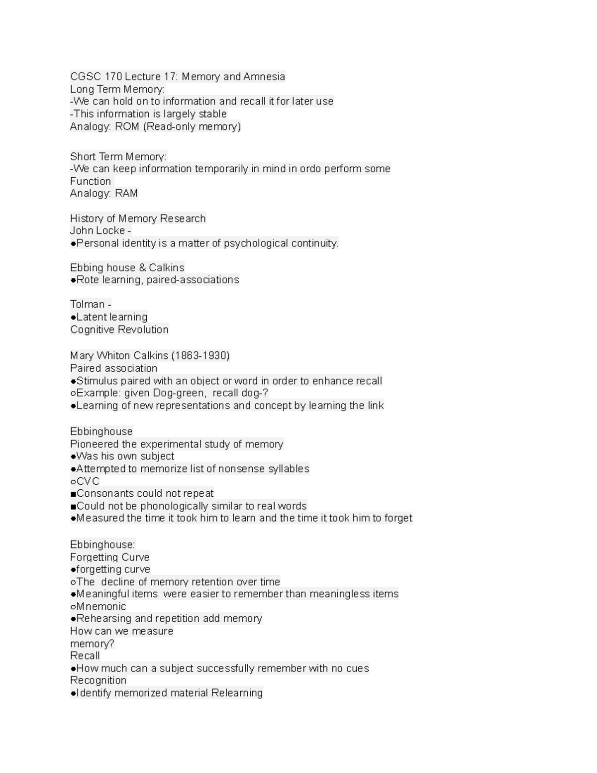 CGSC 170 Lecture 17 Memory and Amnesia - CGSC 170 Lecture 17: Memory and Amnesia Long Term ...