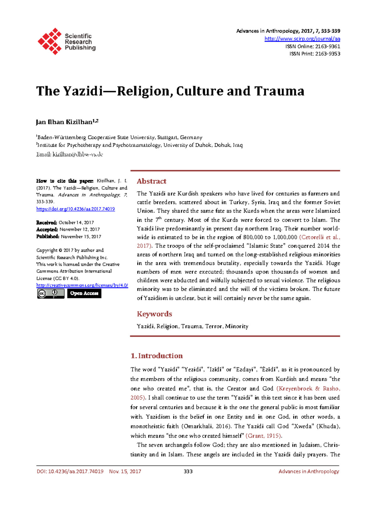 The Yazidi-Religion Culture and Trauma - Advances in Anthropology, 2017, 7, 333- scirp/journal ...