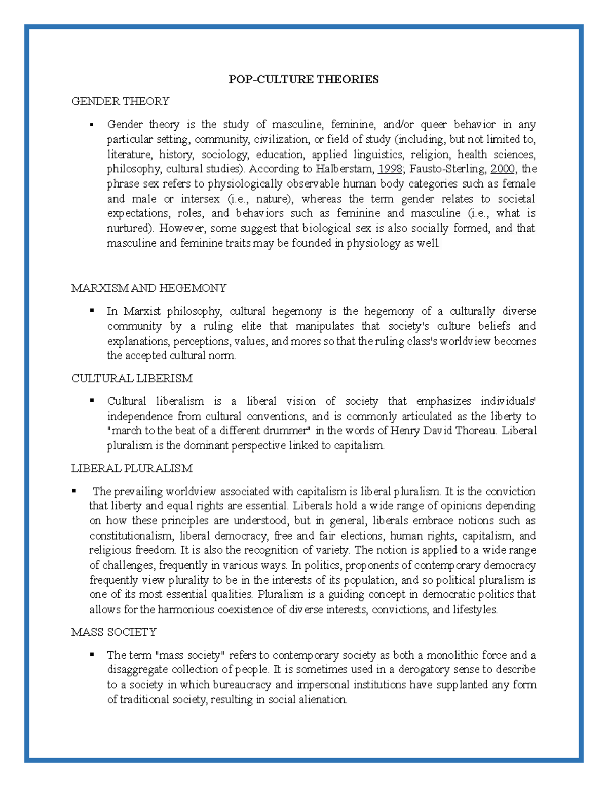 POP-culture LECTURE NOTES - POP-CULTURE THEORIES GENDER THEORY Gender ...