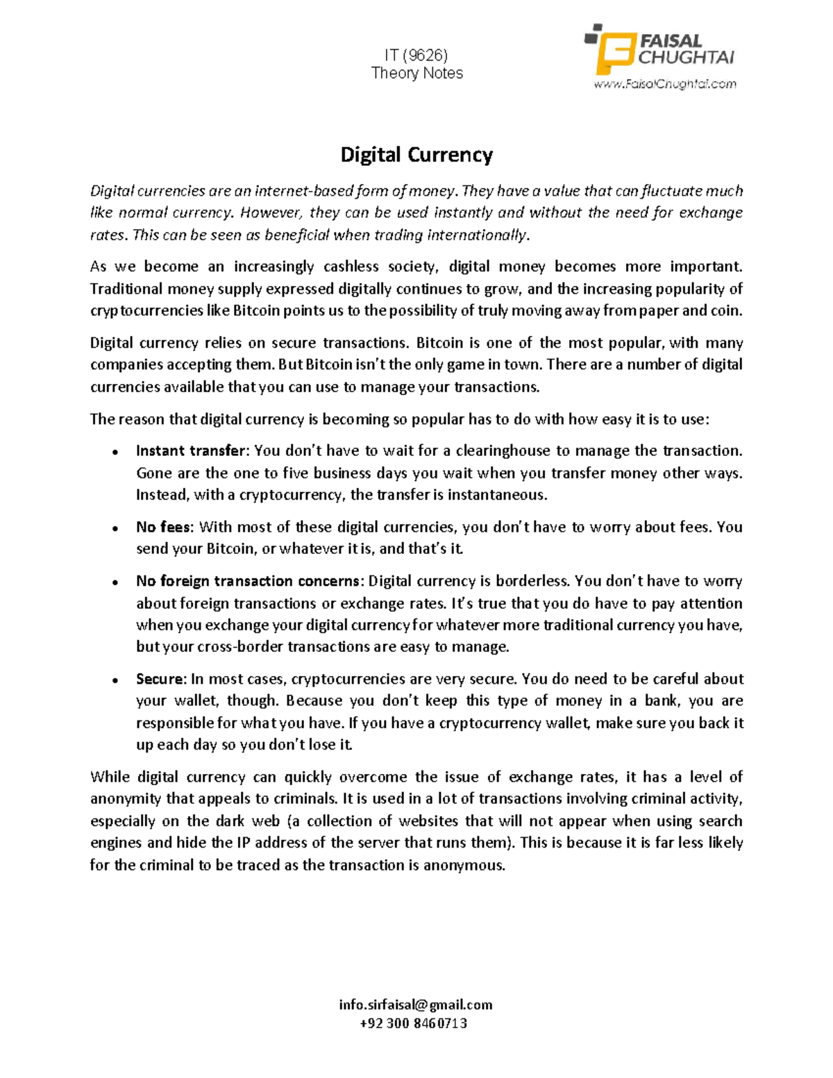Digital Currency - IT (9626) Theory Notes info@gmail +92 300 8460713 ...