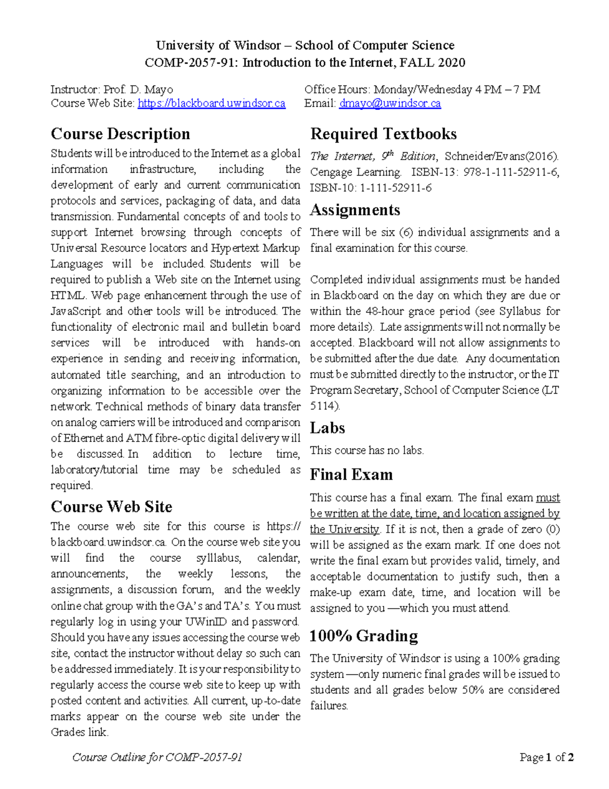 Course Outline COMP-2057-91 Fall 2020 - Course Outline for COMP-2057-91 ...