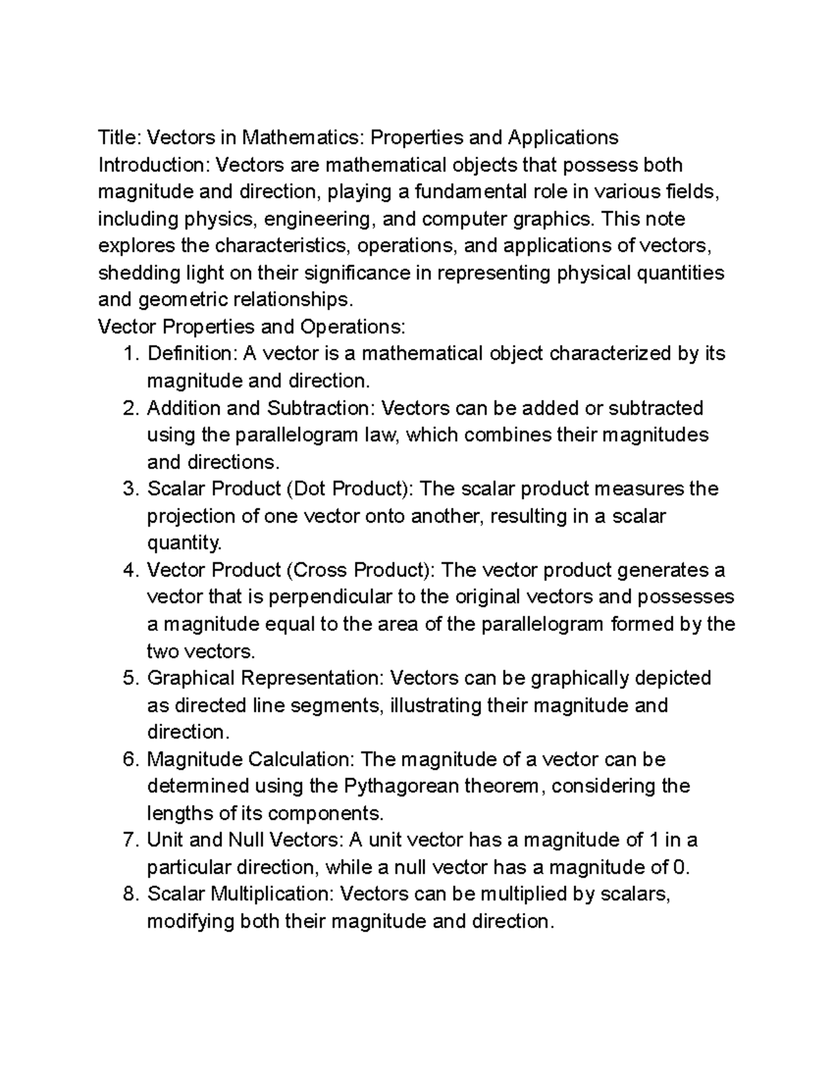 Vectors in CS - Title: Vectors in Mathematics: Properties and ...
