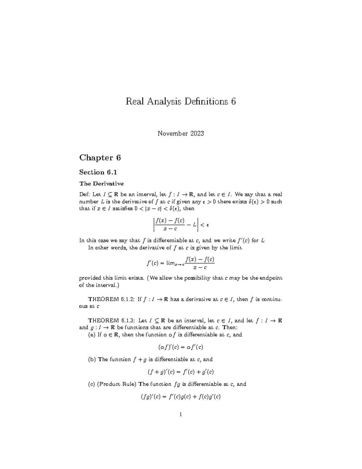 Real Analysis Definitions Chapter 6 - Real Analysis Definitions 6 November 2023 Chapter 6 ...