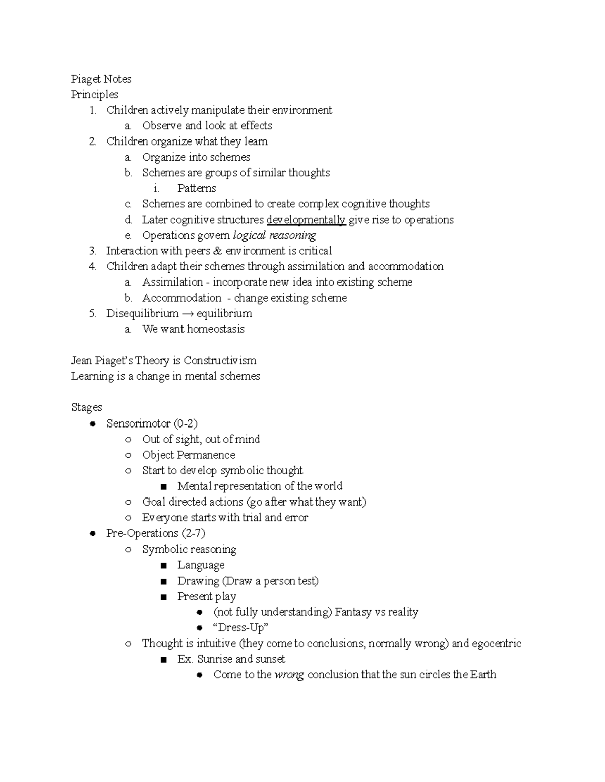 Jean Piaget and Lev Vygotsky Notes - Piaget Notes Principles 1 ...