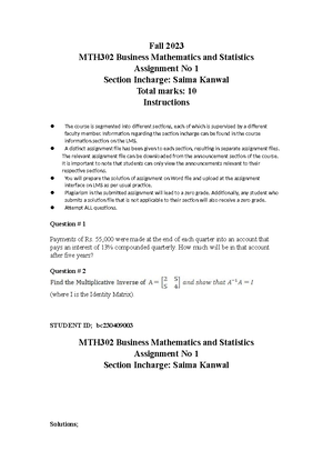 Mth302-MCQS - Its an MCQS file - MTH302 Quiz # 4 Solved By konenuchiha@gmail When a coin is ...