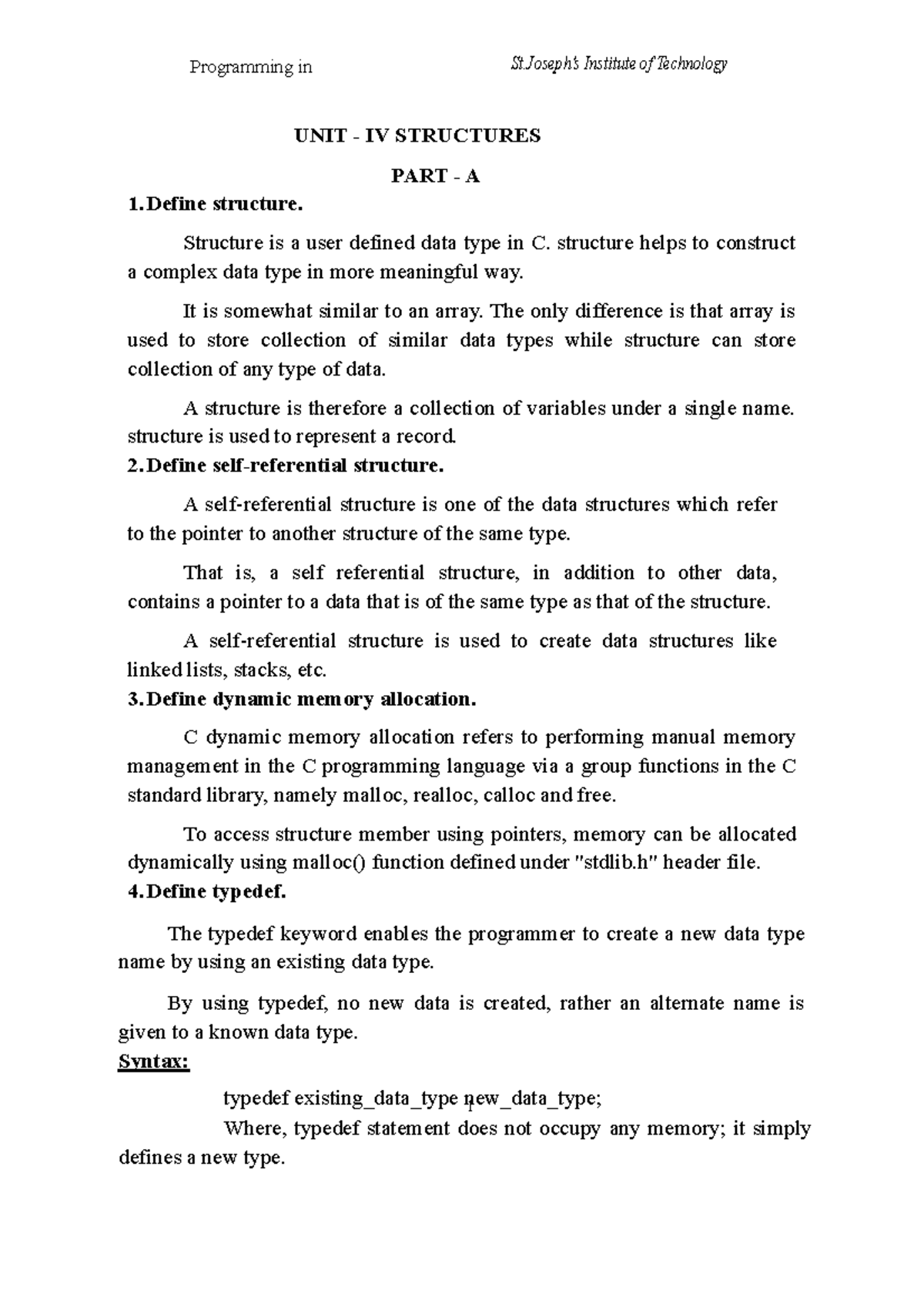 C Programming And Data Structures Data Unit Iv Structures Part A 1 Structure Structure Is 1195