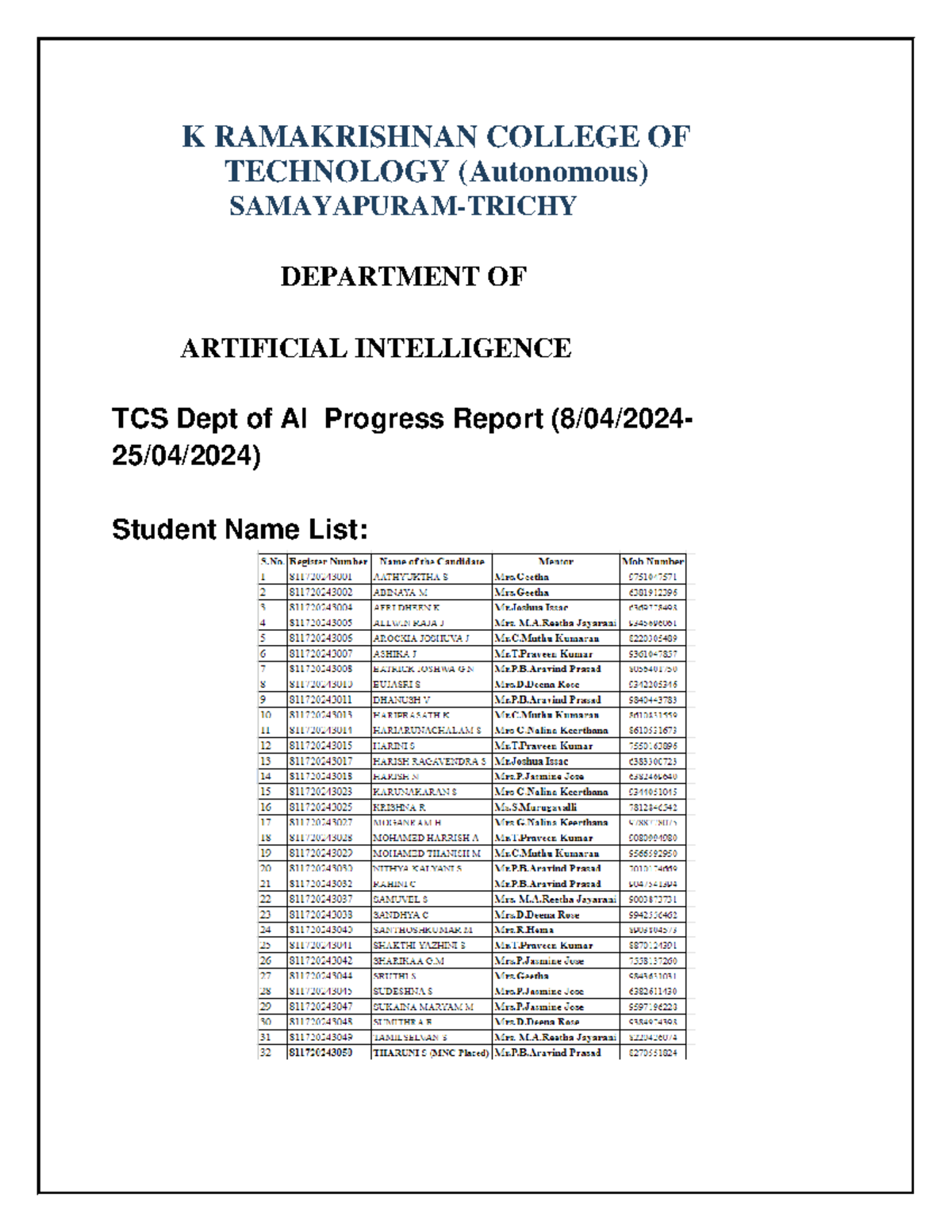 Tcs Report Notes K Ramakrishnan College Of Technology Autonomous Samayapuram Trichy 