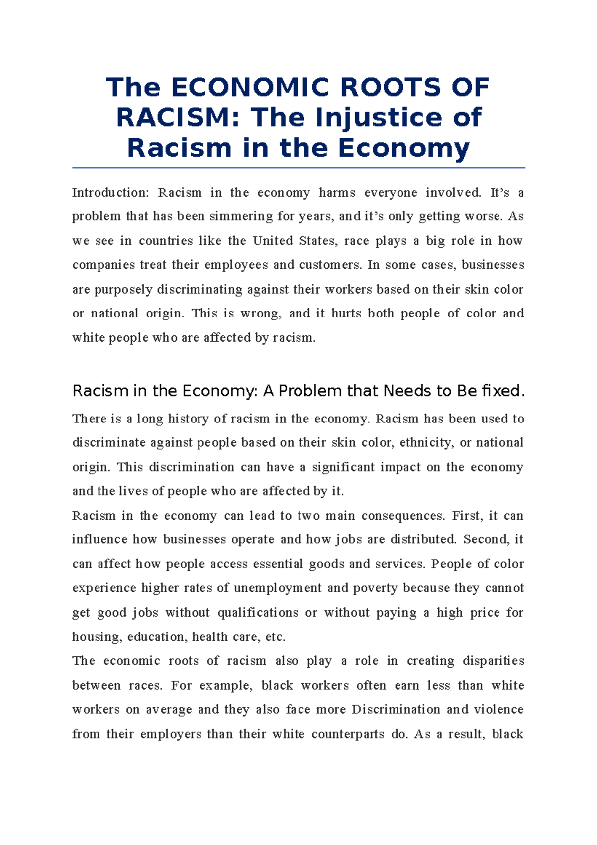 The Economic Roots OF Racism, The Injustice of Racism in the Economy ...