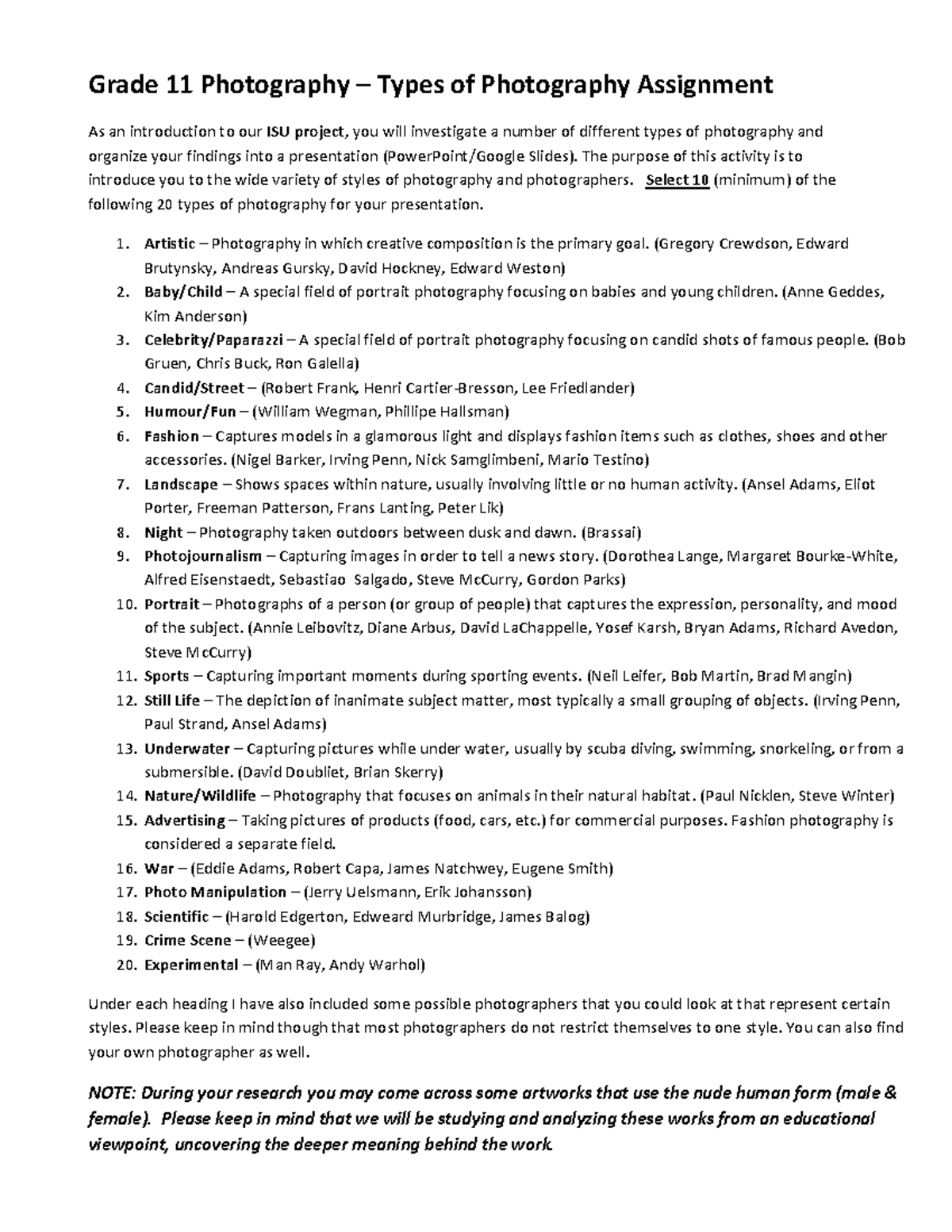 ISU Activity 1 - Types of Photography - Sept 2020 - Grade 11 ...
