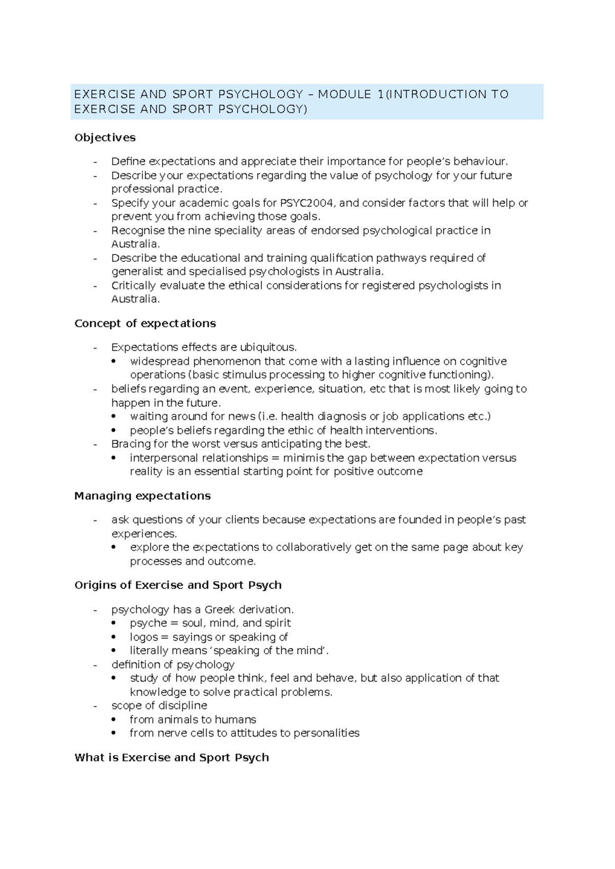 Module 1 - EXERCISE AND SPORT PSYCHOLOGY – MODULE 1(INTRODUCTION TO ...