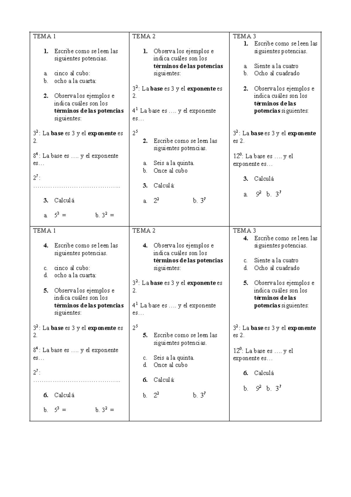 Ejercicios de potenciacion - TEMA 1 1. Escribe como se leen las ...
