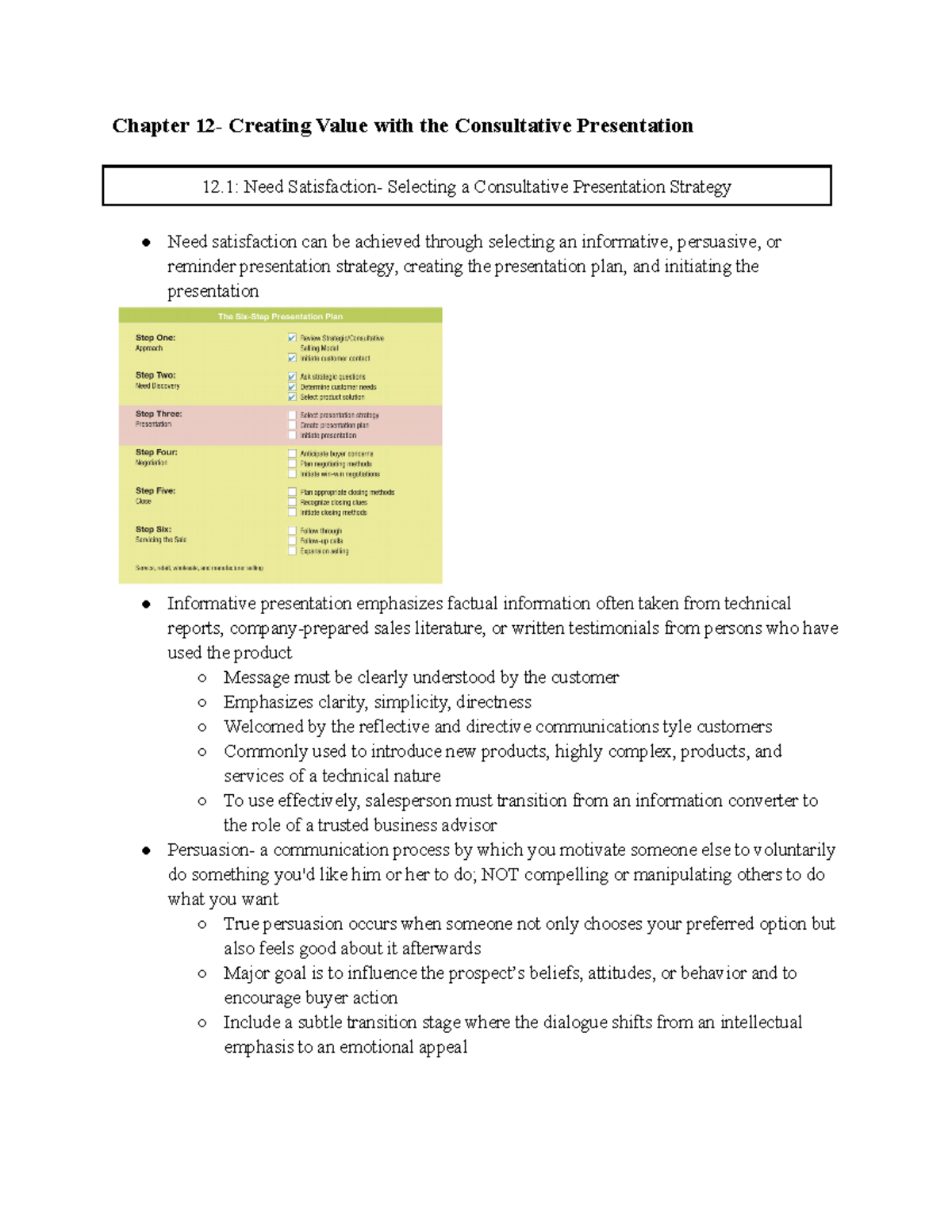 Chapter 12 Notes - Chapter 12- Creating Value with the Consultative ...