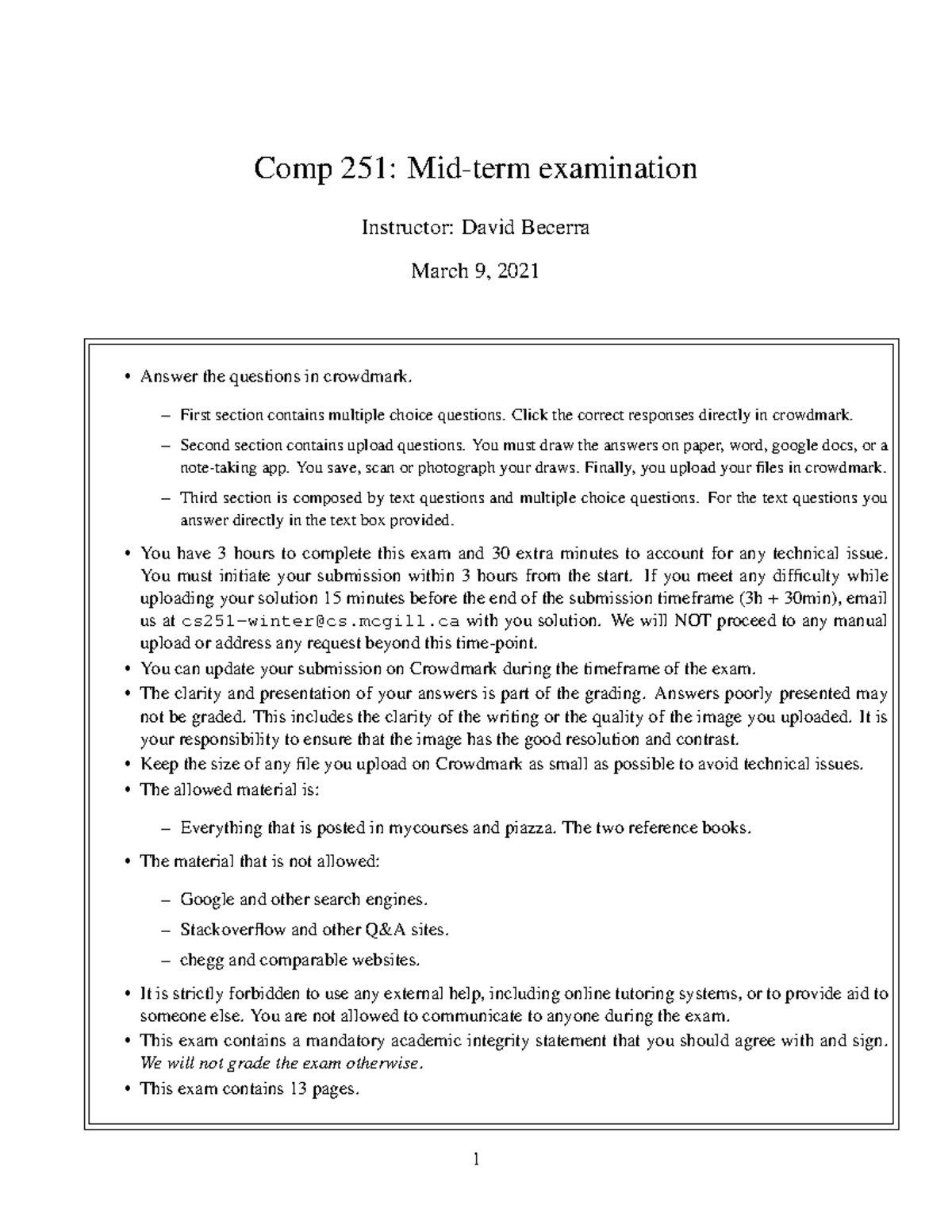 Midterm 1 march 9 midterm - Comp 251: Mid-term examination Instructor ...