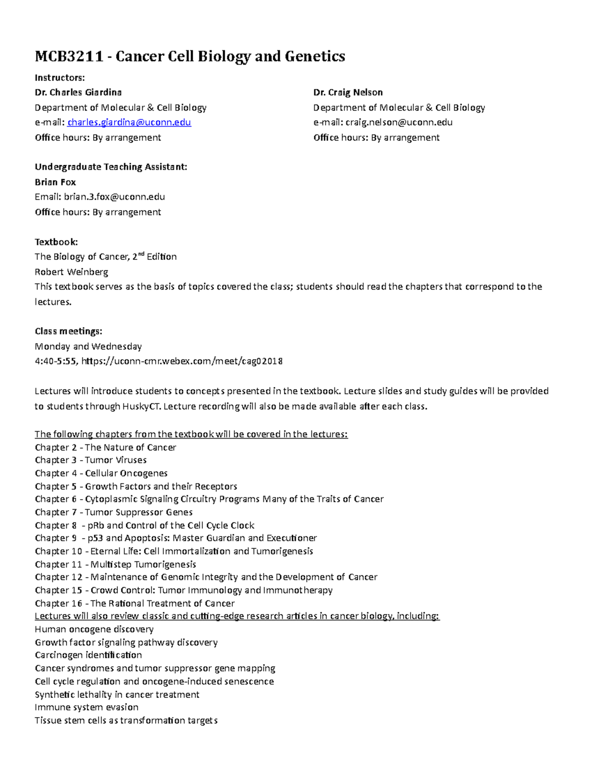 Cancer Syllabus - Lecture notes 1 - MCB3211 - Cancer Cell Biology and ...