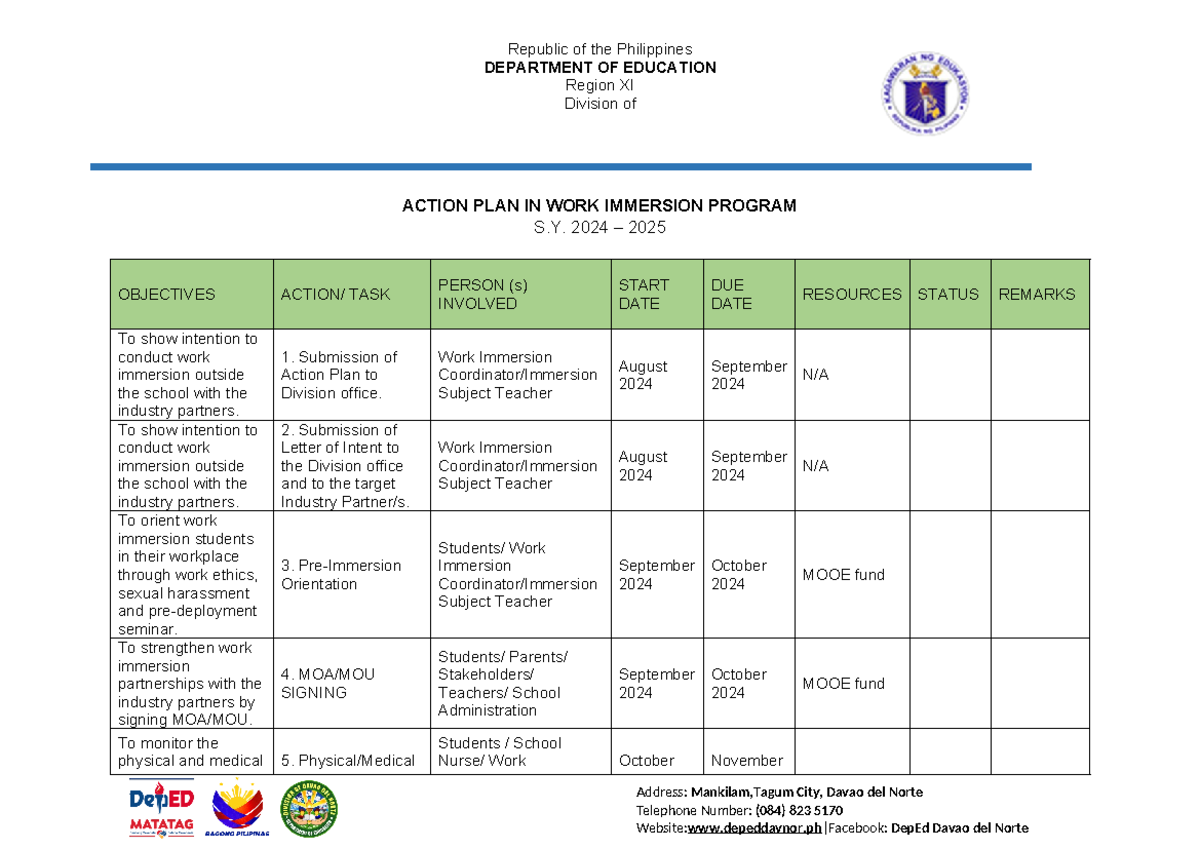 Action-PLAN-Work Immersion - Republic of the Philippines DEPARTMENT OF ...