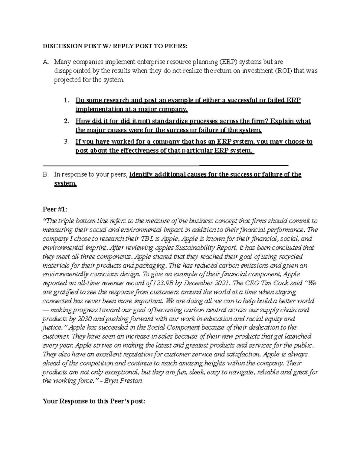 Discussion week6 - DISCUSSION POST W/ REPLY POST TO PEERS: A. Many ...