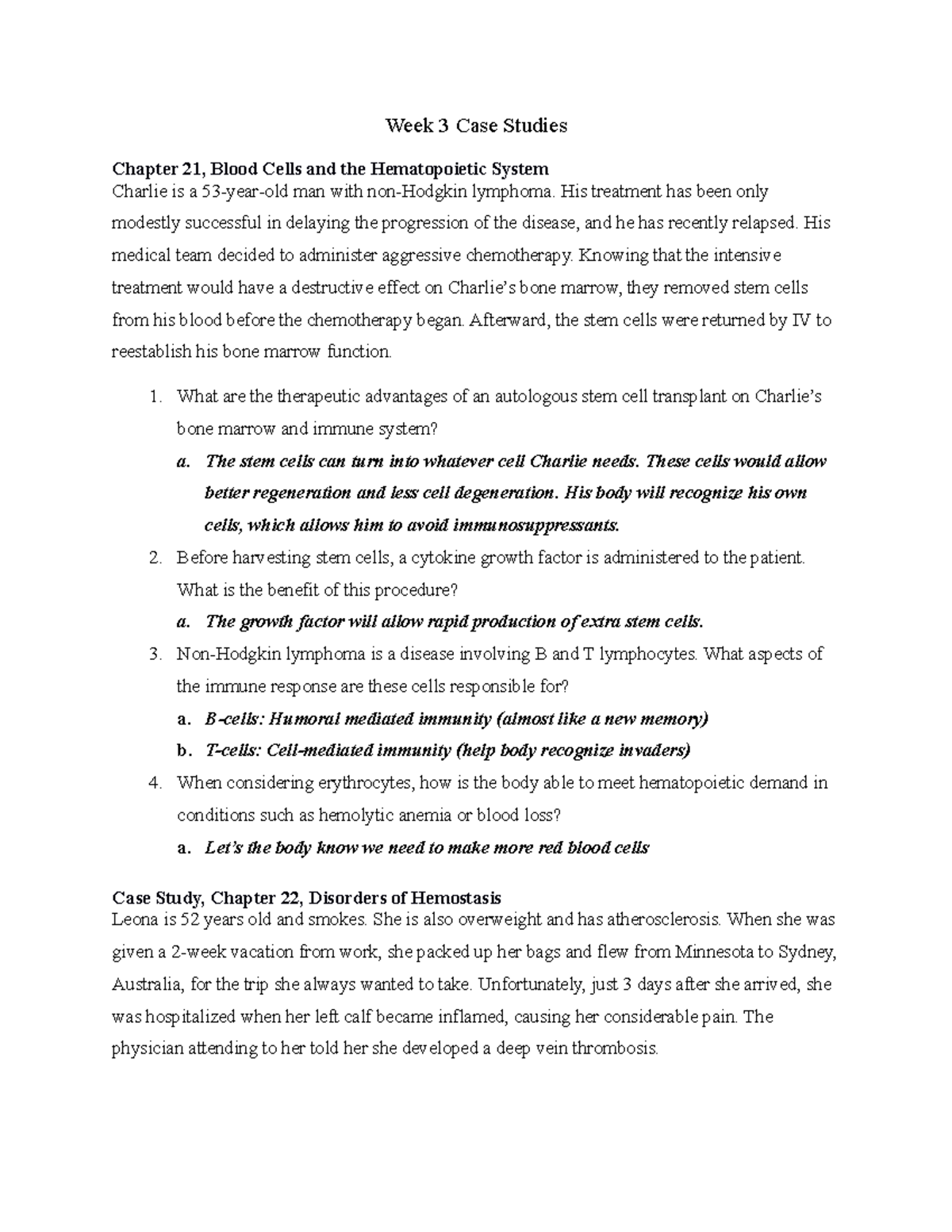 Case studies - Week 3 - Week 3 Case Studies Chapter 21, Blood Cells and ...