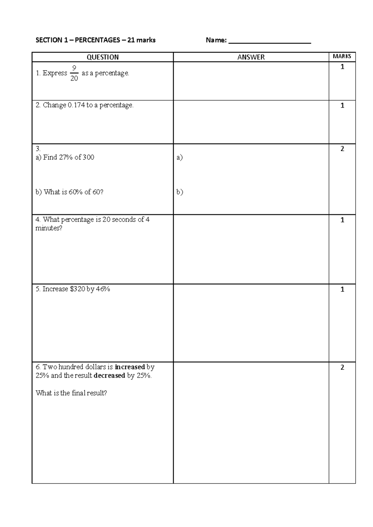 Yr 8 Percentage Paper - SECTIONठ⃚1ठ⃚3ठ⃚PERCENTAGESठ⃚3ठ⃚21ठ⃚marksठ⃚ ठ⃚ ...