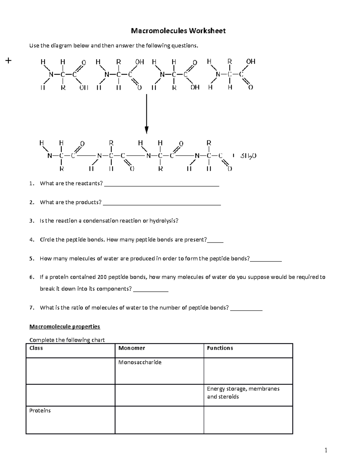 Macromolecules Worksheet - What are the reactants ...