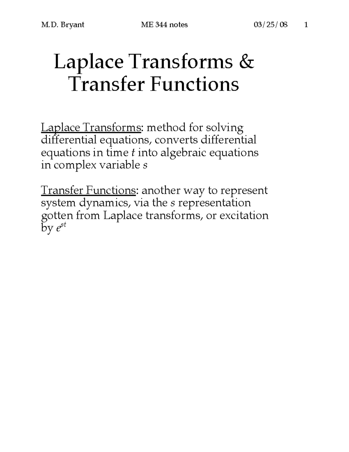 EE 411 Laplace-Transfer Functions - Laplace Transforms & Transfer Functions Laplace Transforms ...