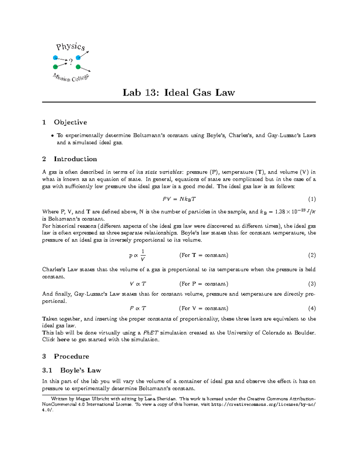 Lab 13 for physics - Lab 13: Ideal Gas Law 1 Objective To ...