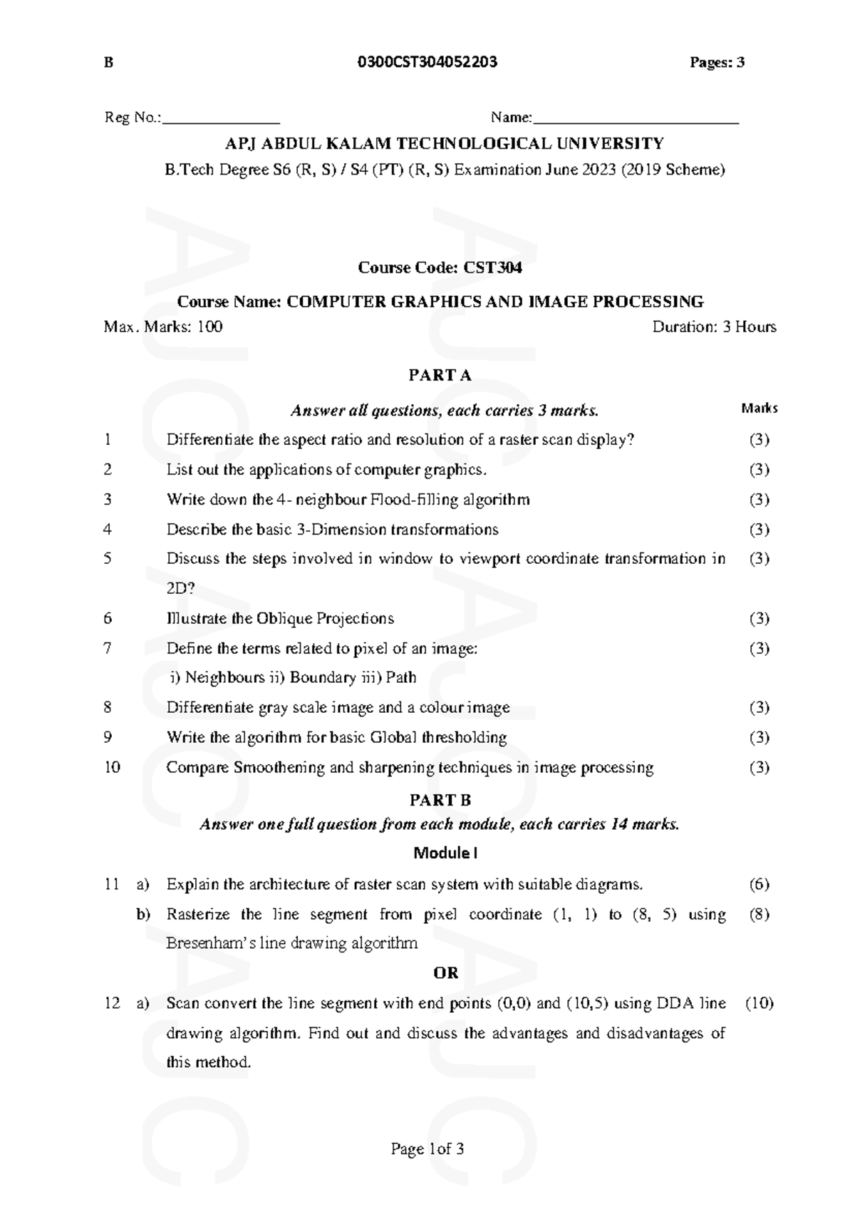 CST304-C - 0300 CST304 052203 Page 1 of 3 Course Code: CST Course Name: COMPUTER GRAPHICS AND ...
