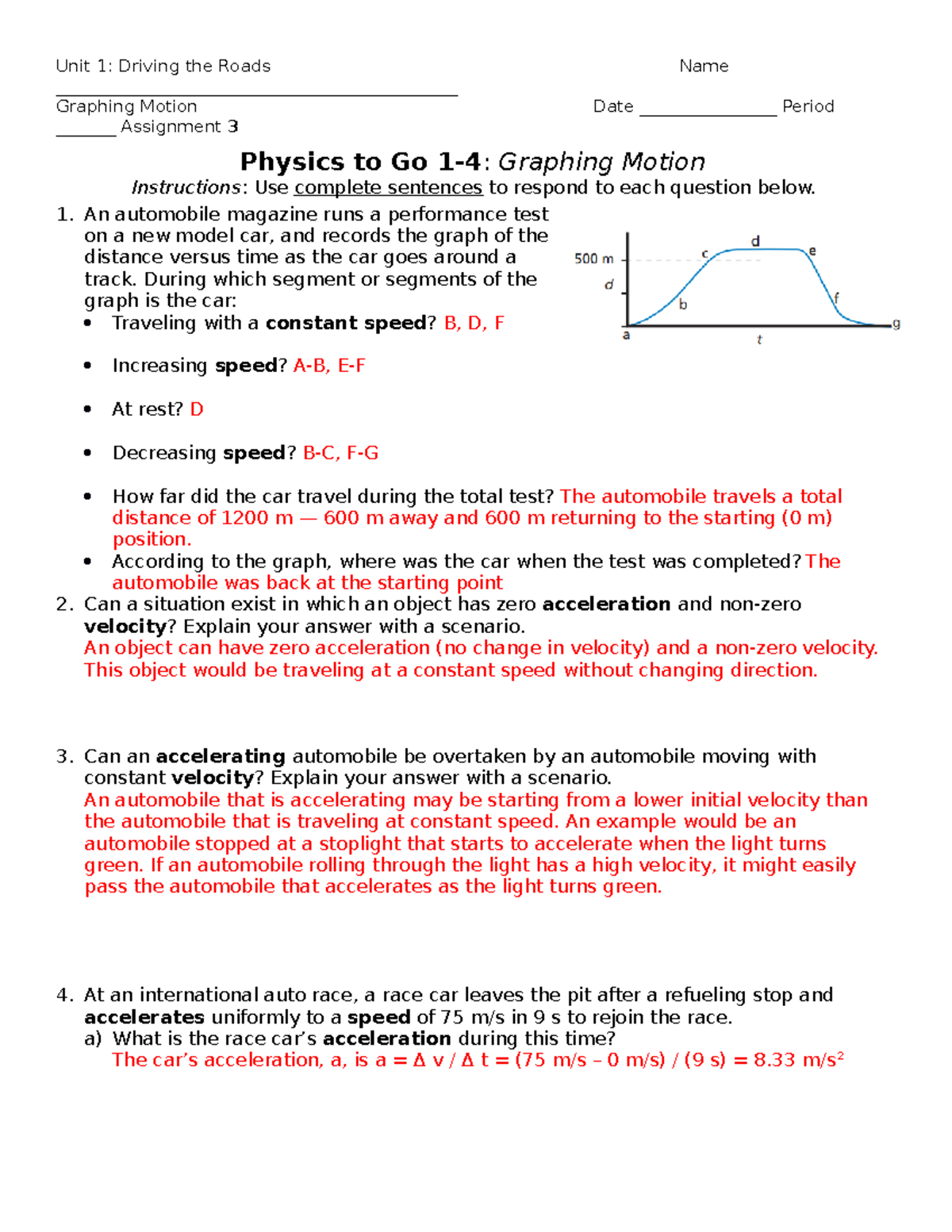 Physics to go 1-4 answer key - Unit 1: Driving the Roads Name Graphing ...