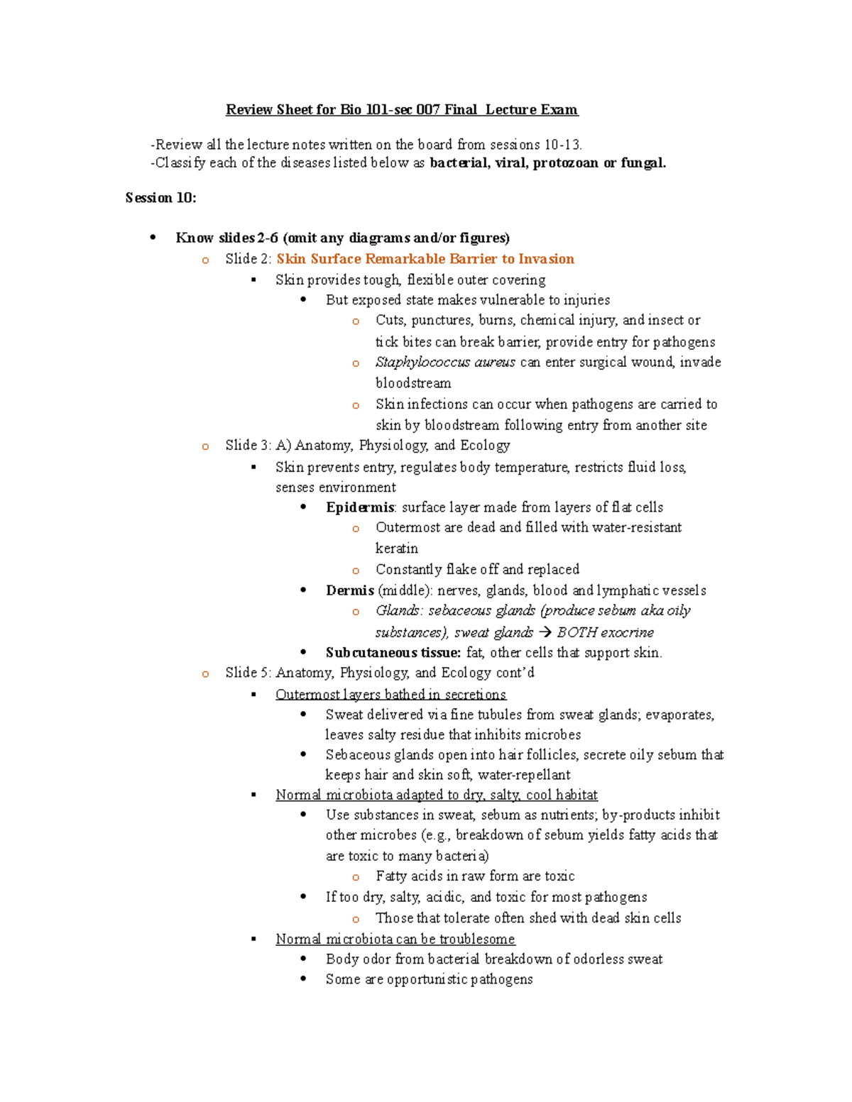 Final Exam Review Sheet - Review Sheet for Bio 101-sec 007 Final ...