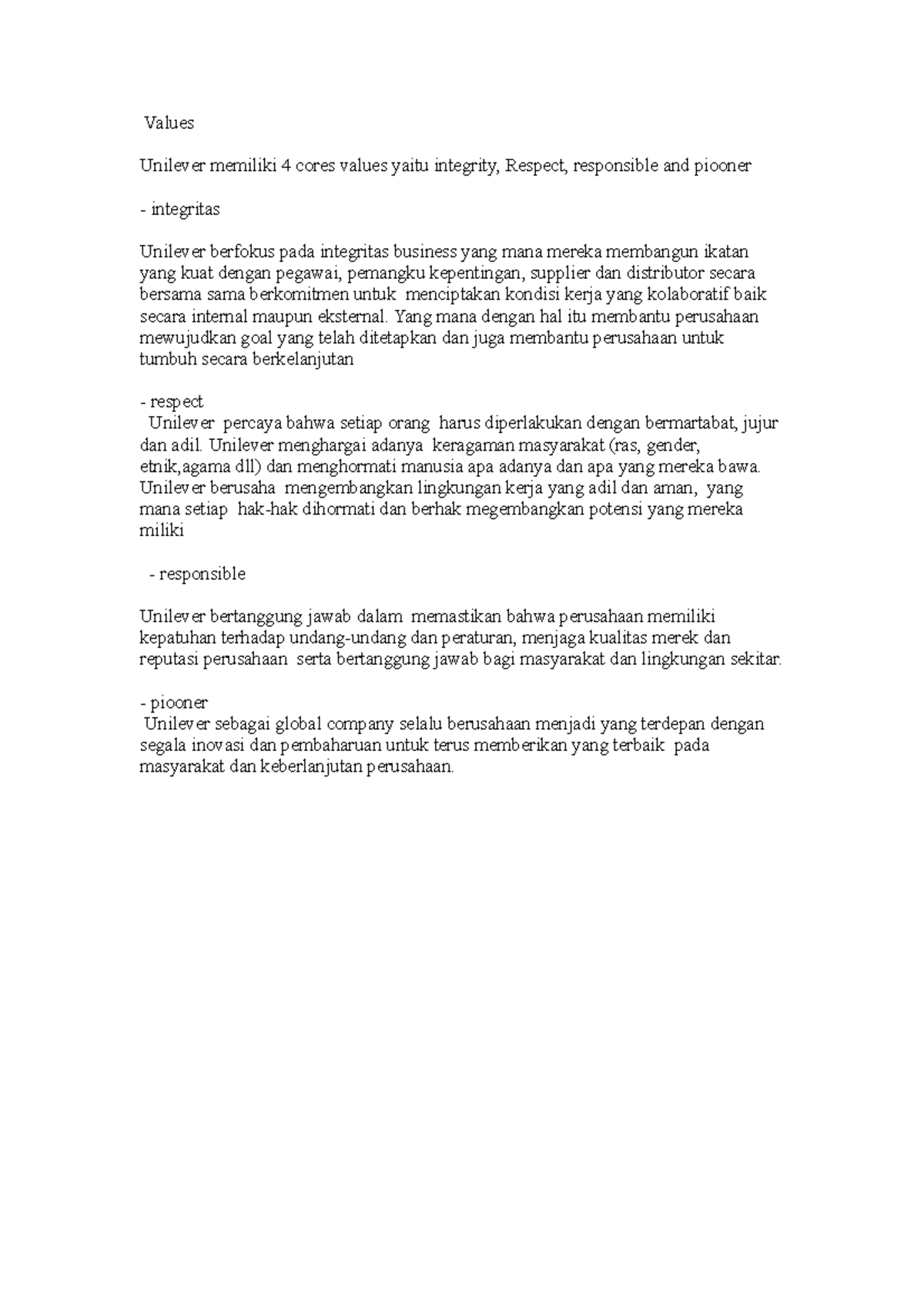 Unilever values - Values Unilever memiliki 4 cores values yaitu ...