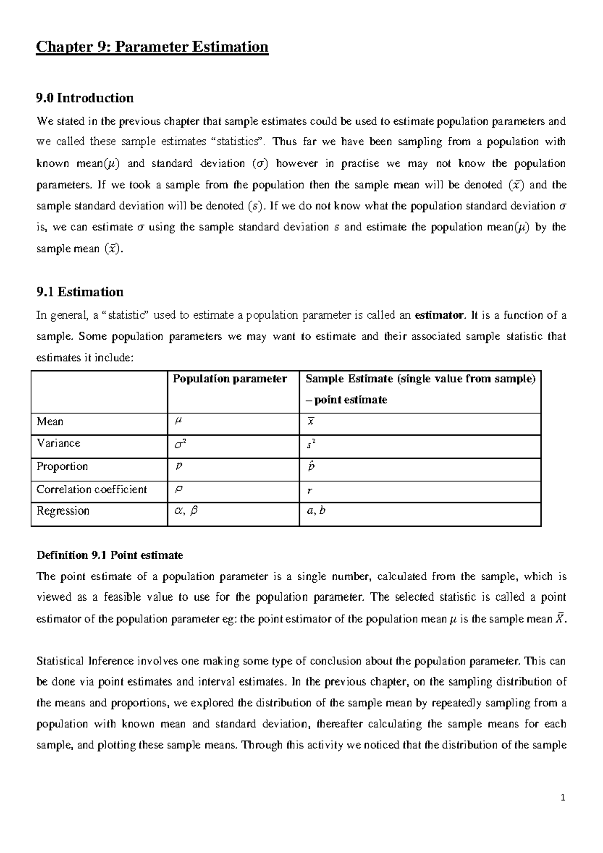Parameter estimation pages 1 to 11 2023 student part 1 edited - Chapter 9 : Parameter Estimation ...