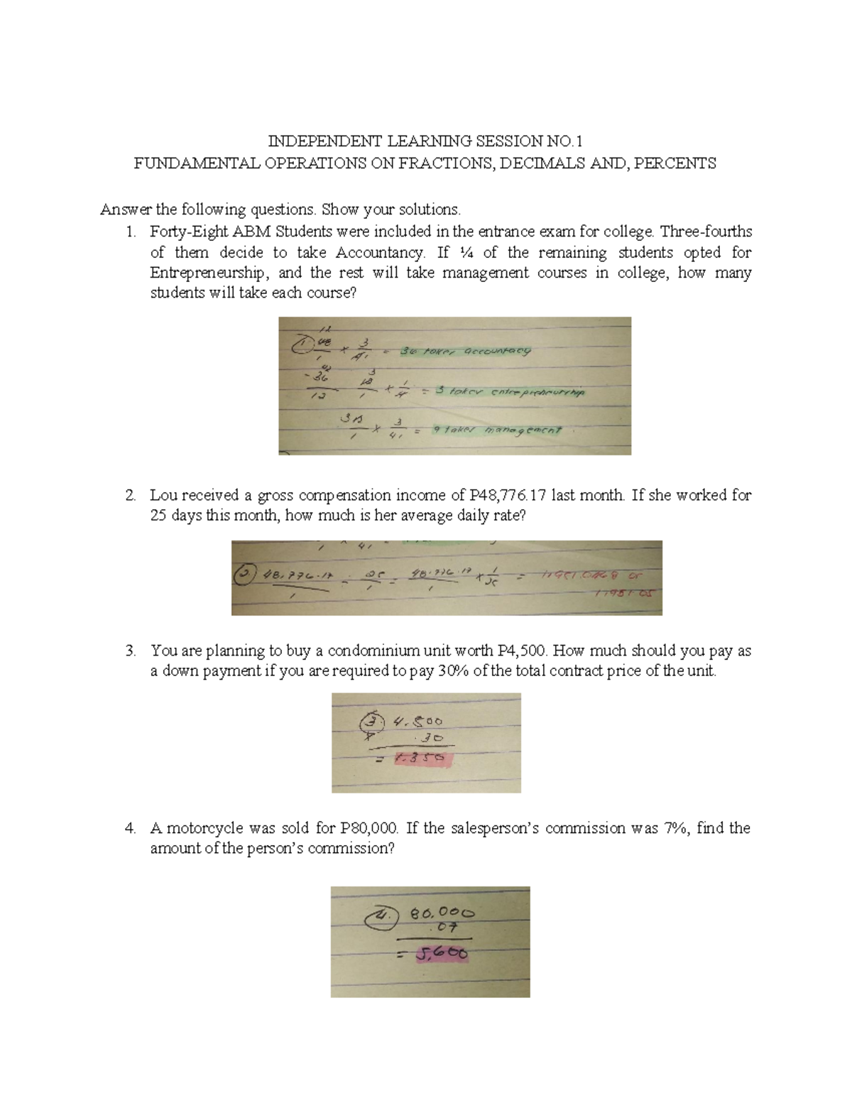 Business math - INDEPENDENT LEARNING SESSION NO. FUNDAMENTAL OPERATIONS ...