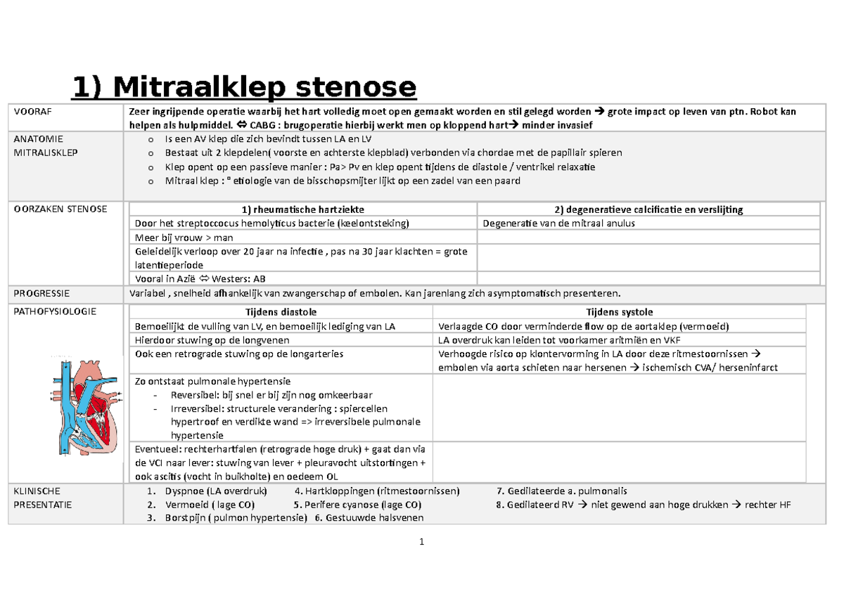 Ziekteleer bij pat met cardio aandoen - sv kleppen - 1) Mitraalklep ...