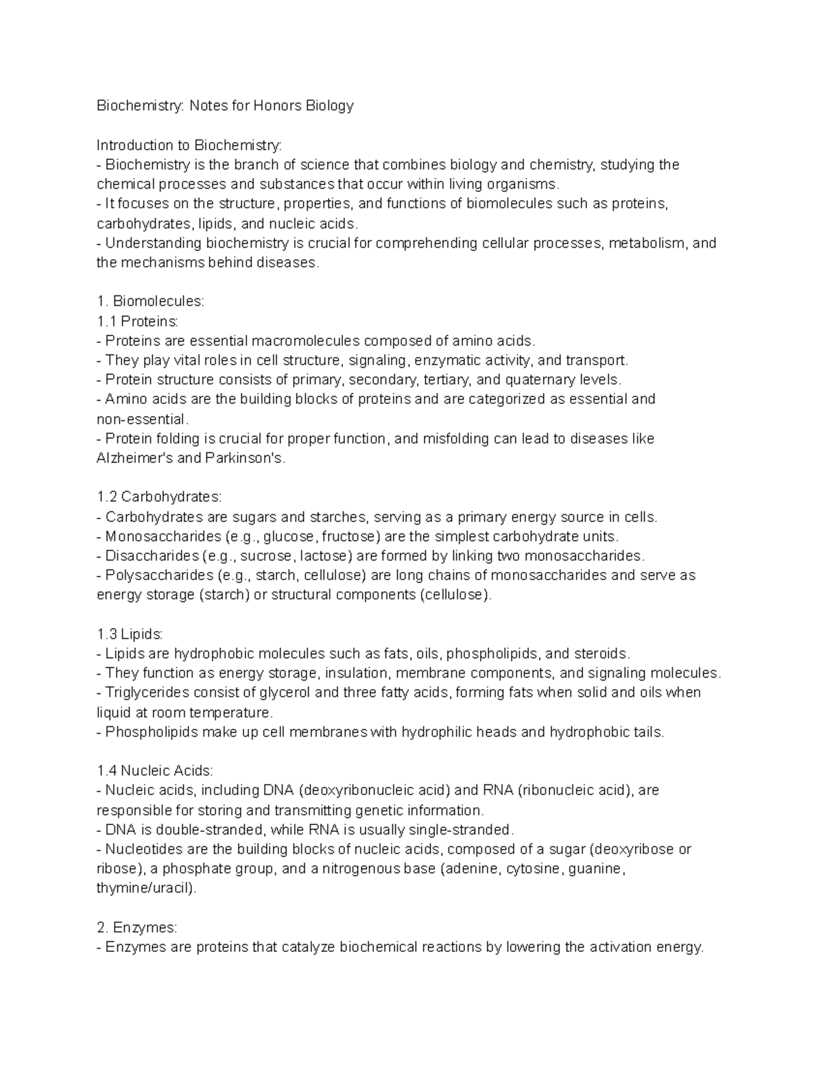 Biochemistry Honors Bio 10 - Biochemistry: Notes for Honors Biology ...