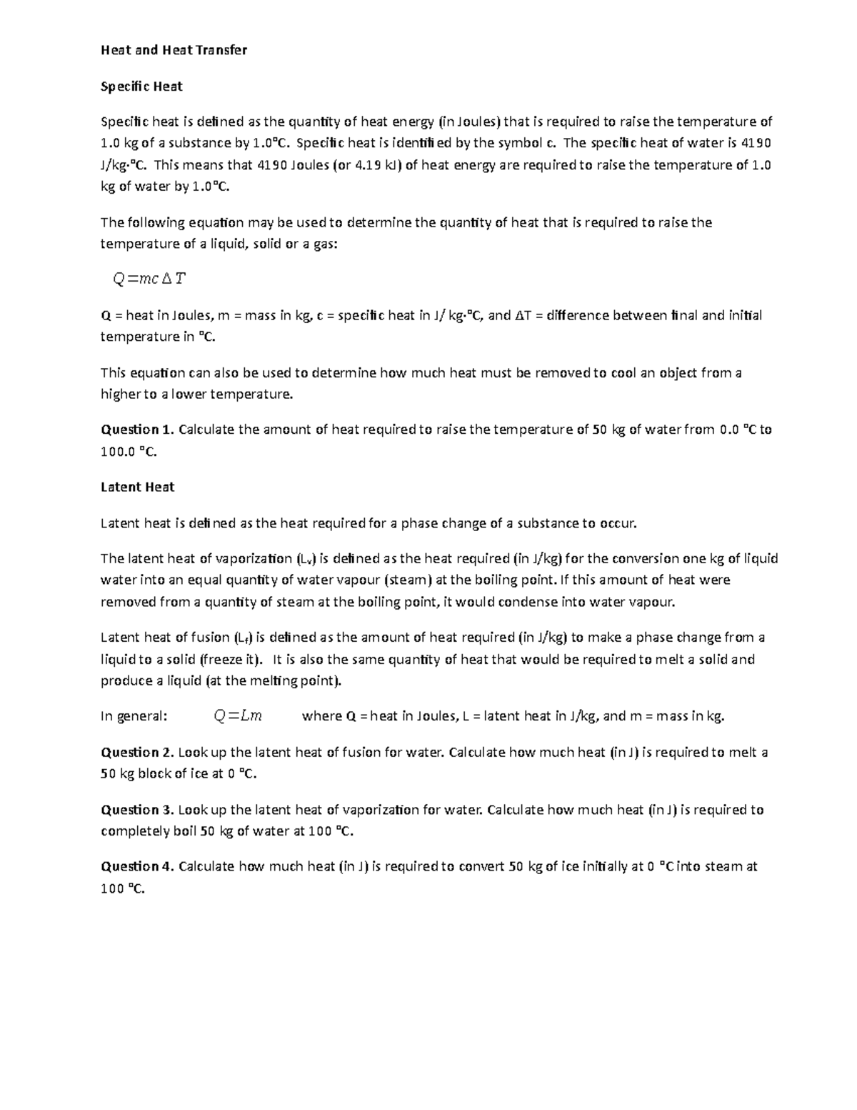 Heat and Heat Transfer Handout 2014 - Heat and Heat Transfer Specific ...