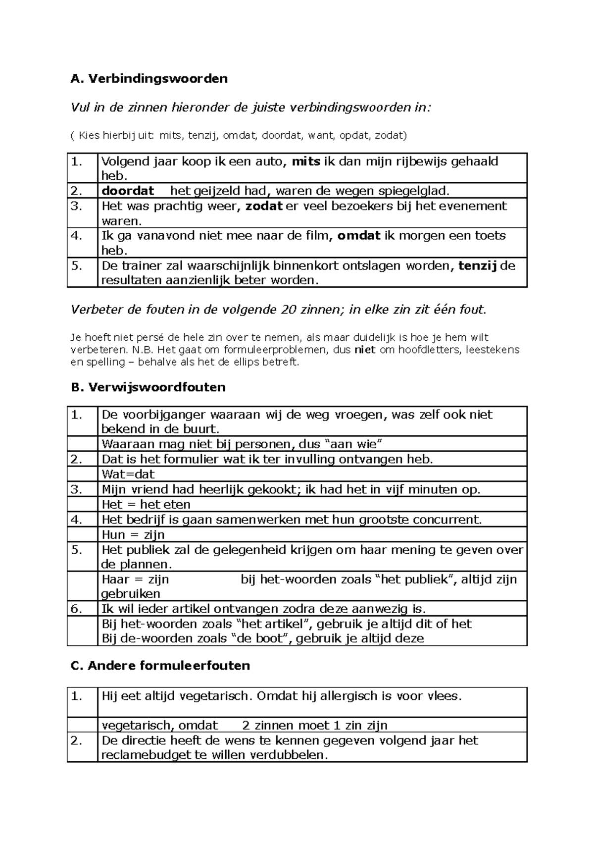 oefententamen nederlands met antwoorden - A. Verbindingswoorden Vul in ...