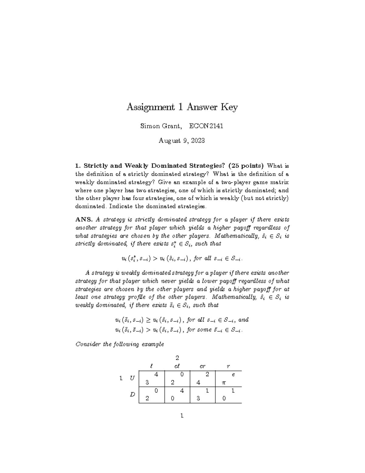 A1 answers - Assignment 1 Answer Key Simon Grant, ECON August 9, 2023 ...
