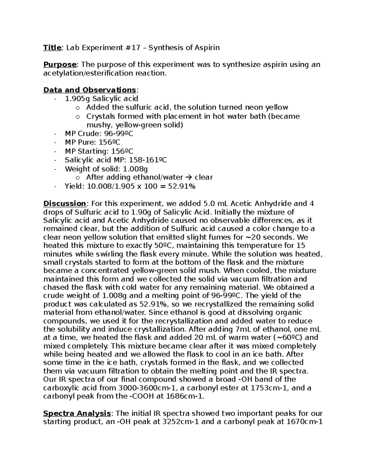 Lab Report Exp#17a - Organic Chemistry Lab - Title: Lab Experiment #17 ...