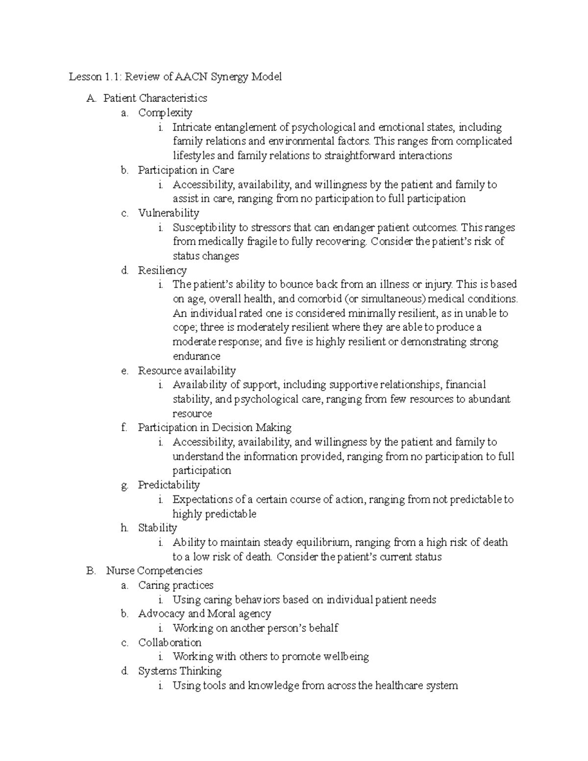 NU 406 Week 1 - Contains notes from week 1 - Lesson 1: Review of AACN ...