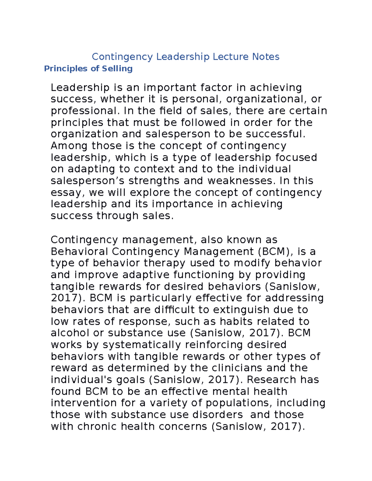 Contingency Leadership Lecture Notes - Principles of Selling ...