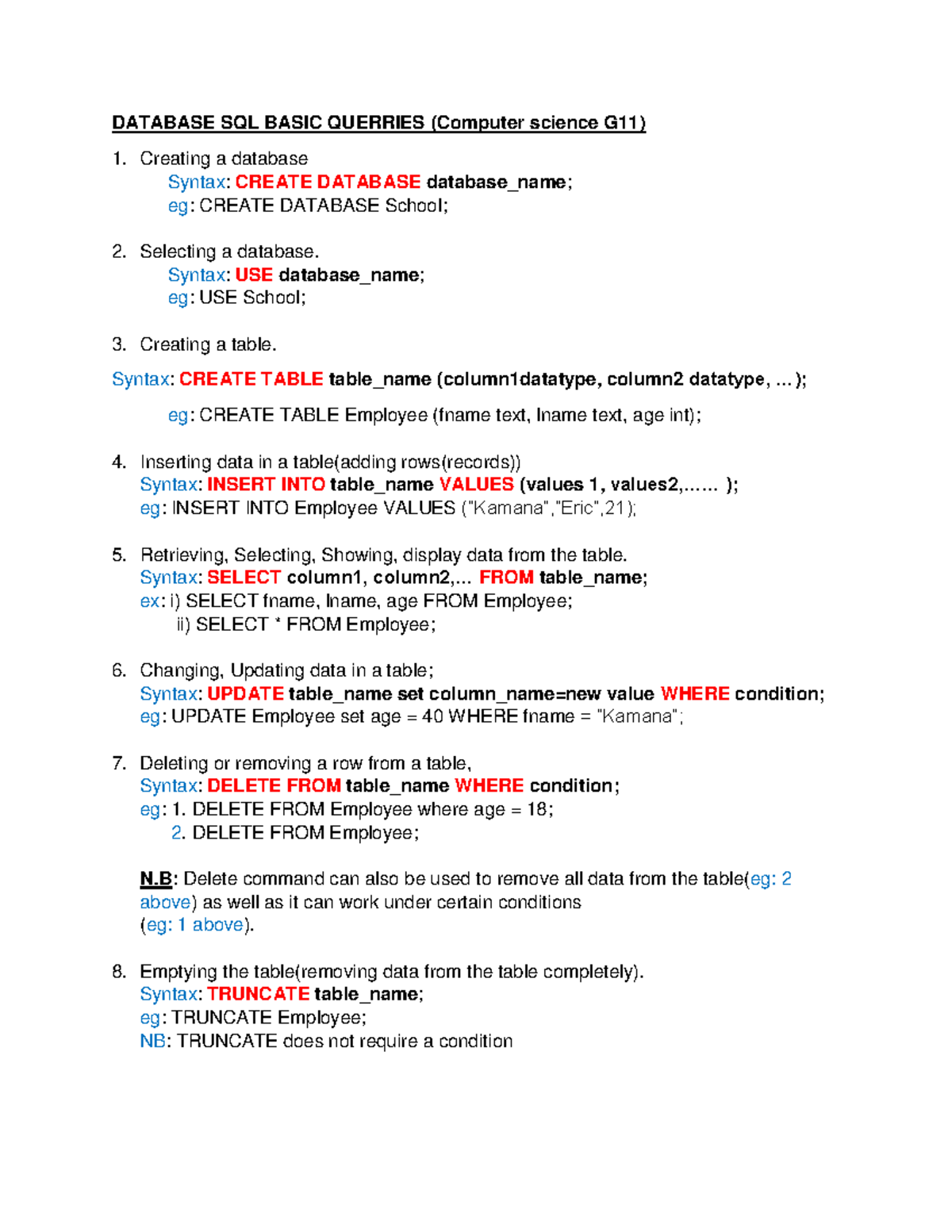 Database Querries - DATABASE SQL BASIC QUERRIES (Computer science G11 ...
