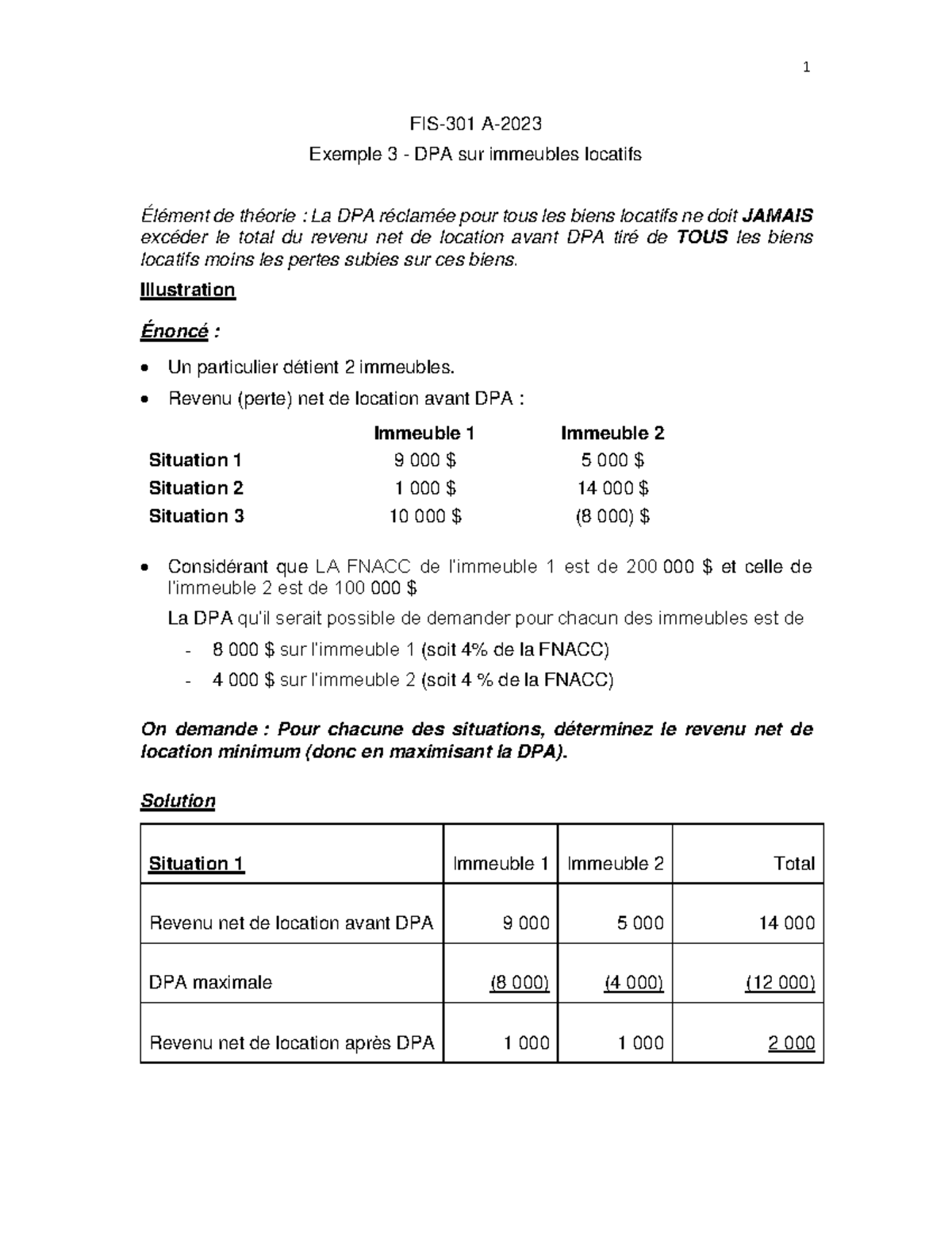Cours 6 Exemple - Illustration DPA immeuble locatif - 1 FIS- 301 A ...