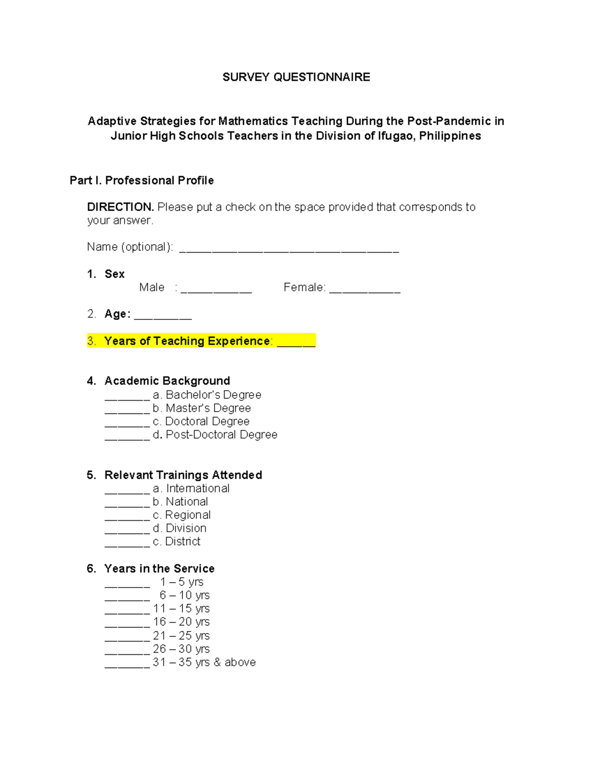 Edited-survey brenda March-9 - SURVEY QUESTIONNAIRE Adaptive Strategies ...