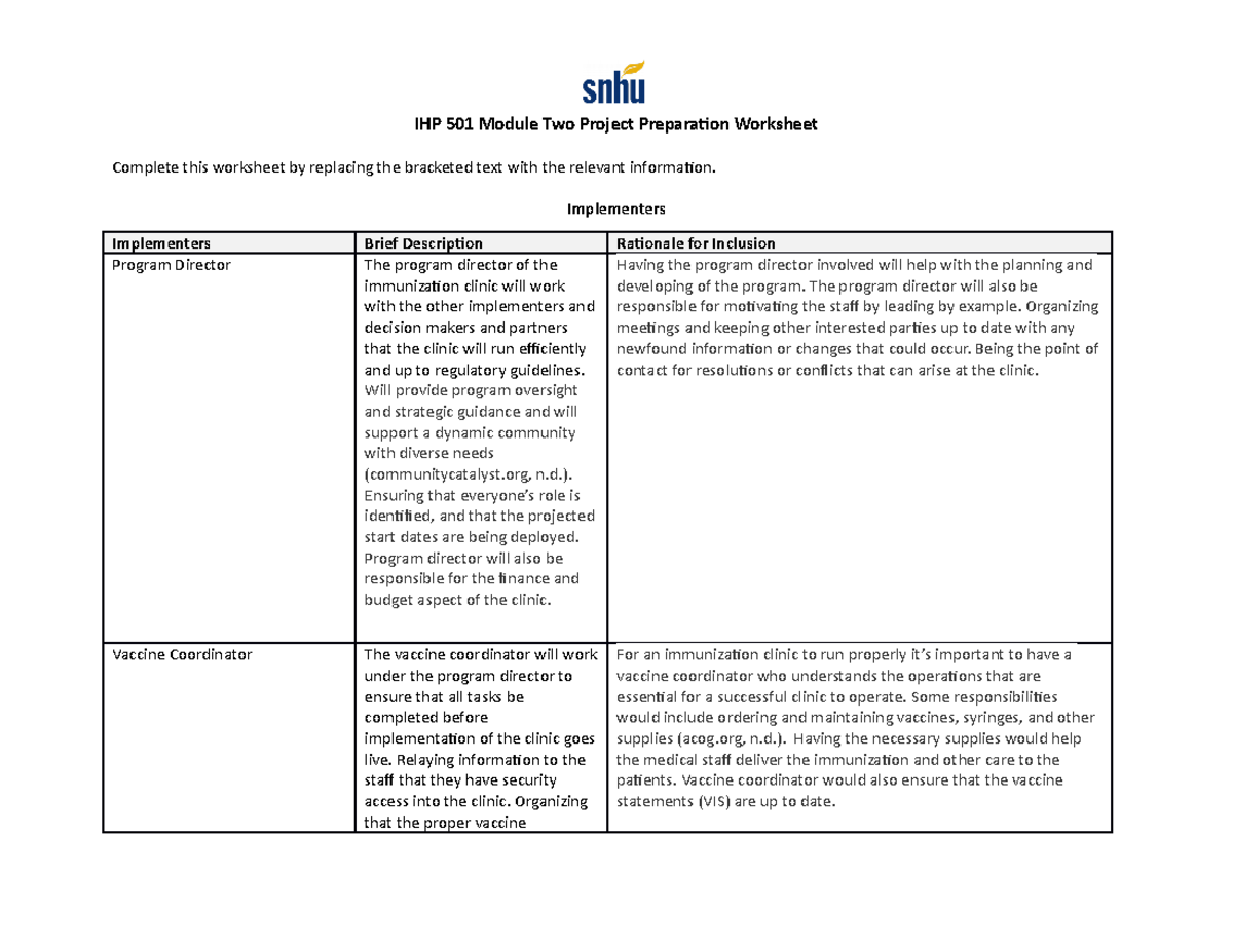 IHP 501 Stakeholder Worksheet - IHP 501 Module Two Project Preparation ...