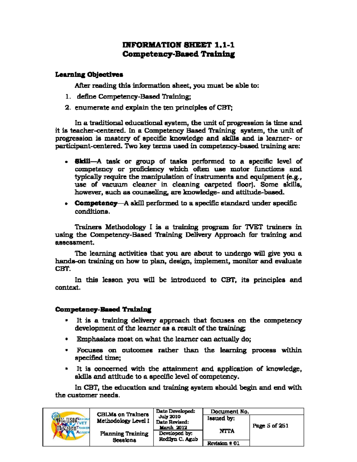 Competency-Based Training - INFORMATION SHEET Training Learning ...