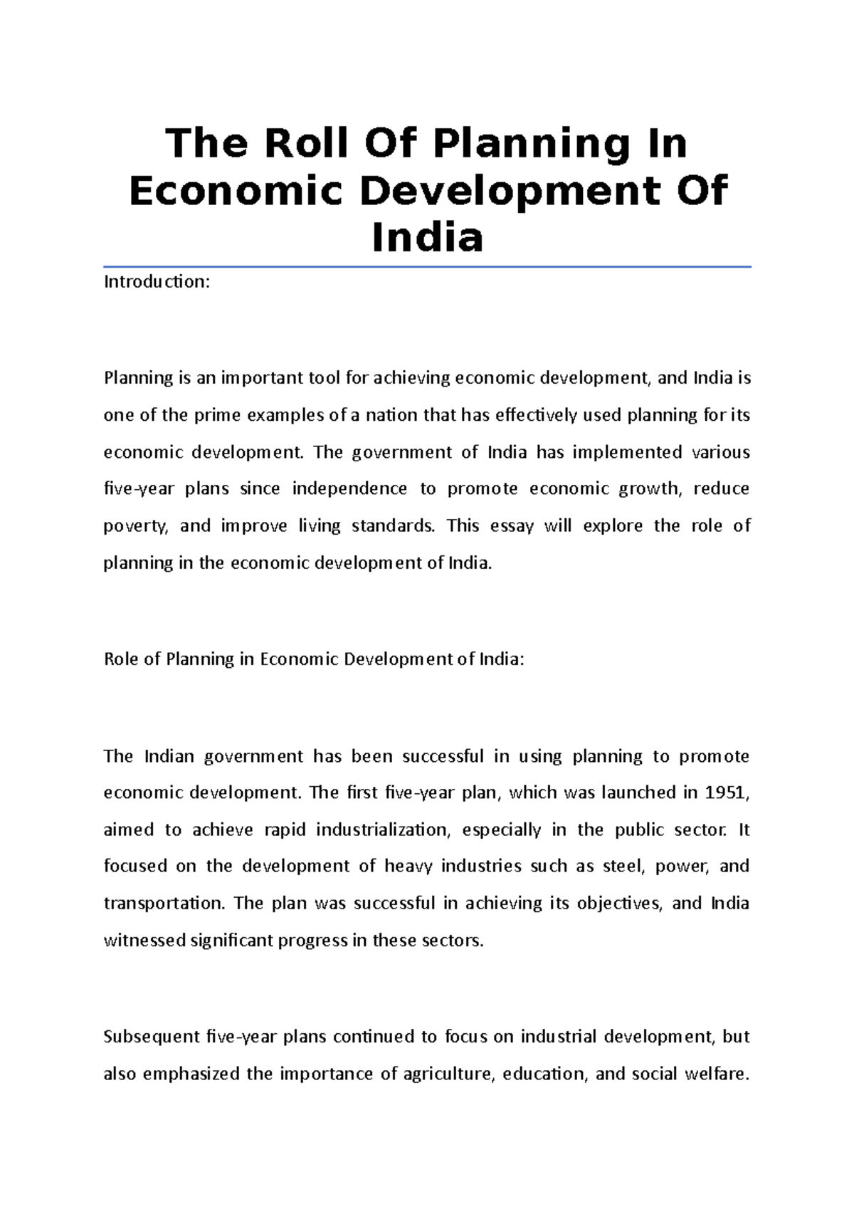 The Roll Of Planning In Econ omic Development Of India - The Roll Of ...