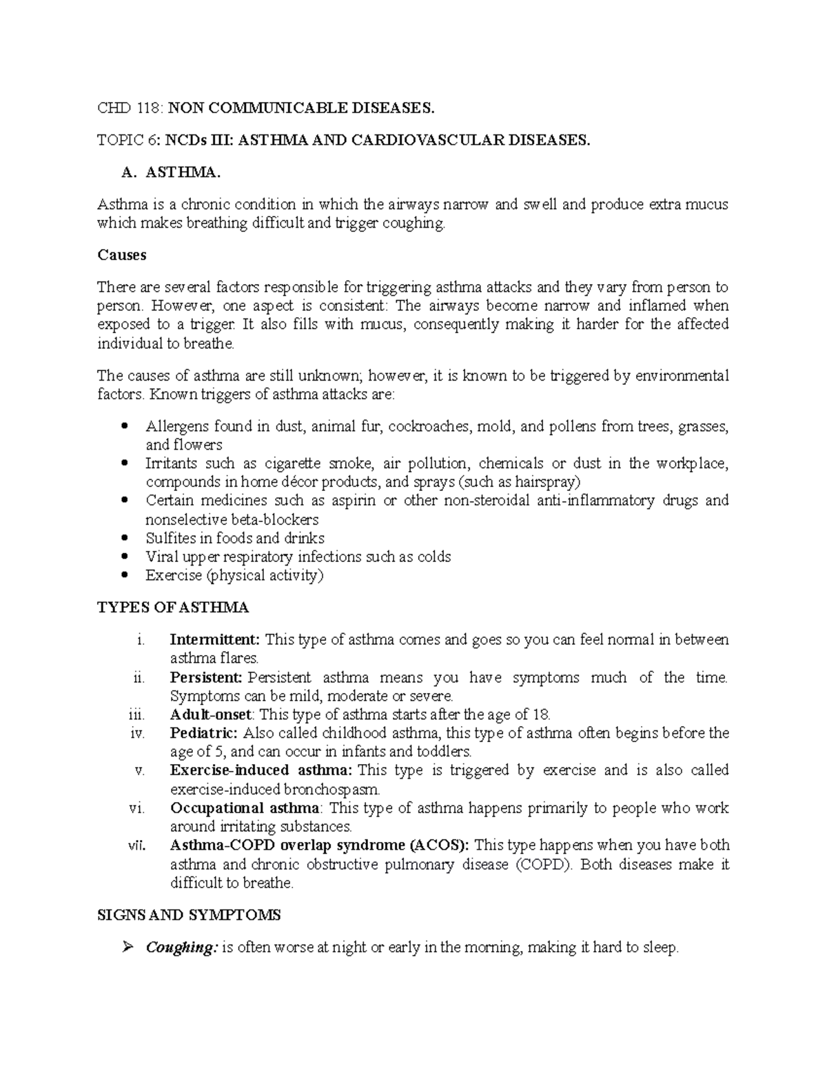 CHD 118 Lecture 9 - Notes - CHD 118: NON COMMUNICABLE DISEASES. TOPIC 6 ...