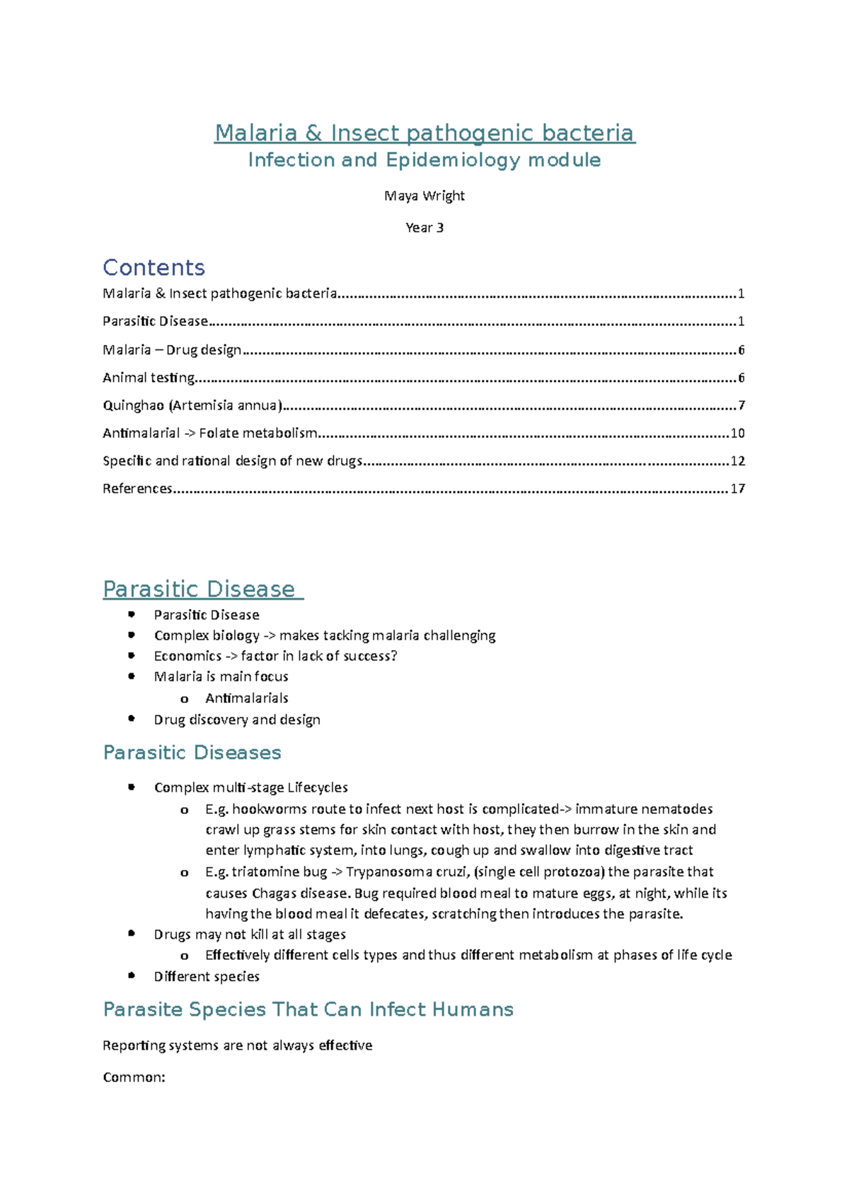 Malaria - Lecture notes 15 - Malaria Insect pathogenic bacteria ...
