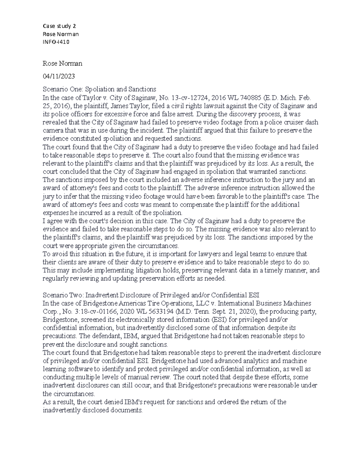 Rose Norman Case Study 2 - INFO-I 330 - IUPUI - Studocu