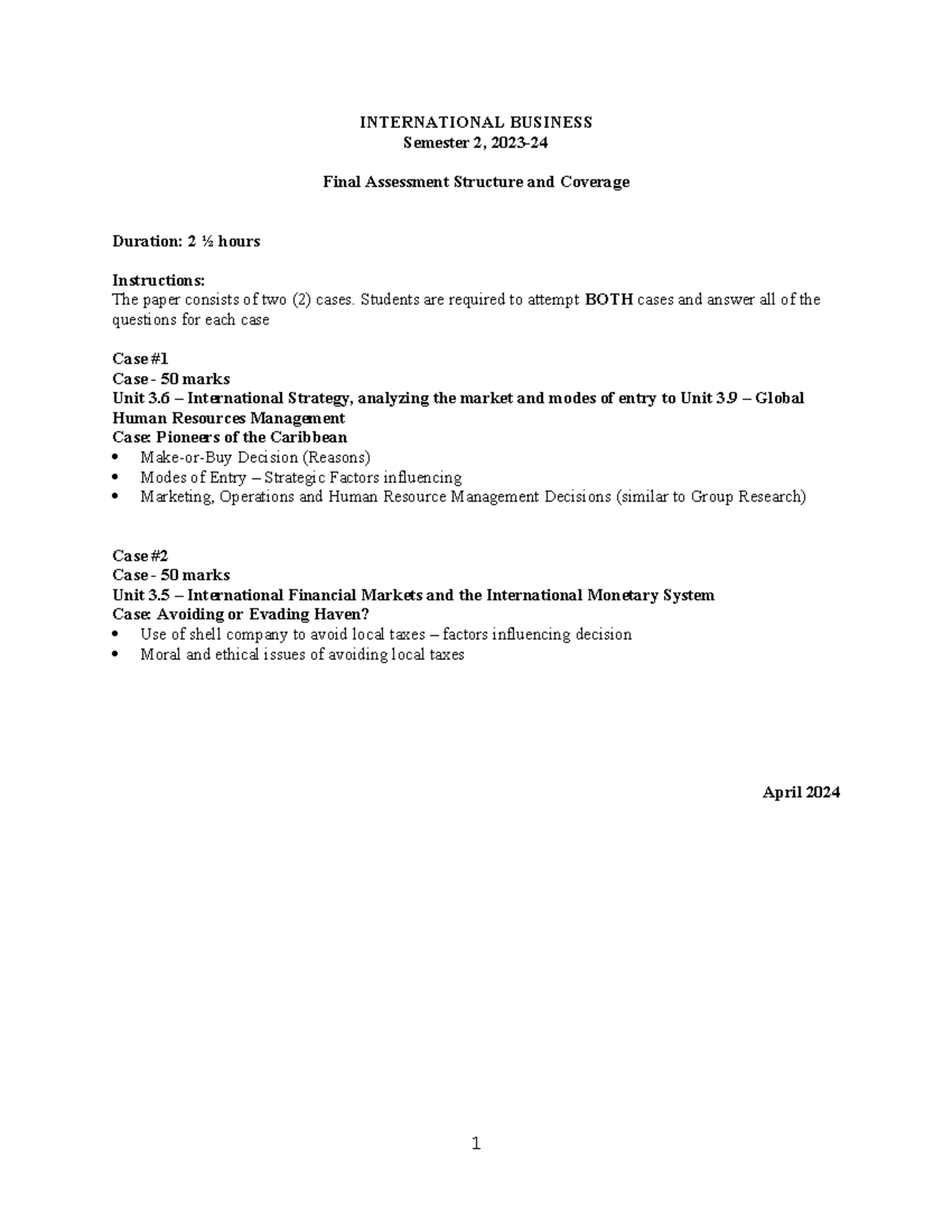 IB Final Exam Structure and Coverage - INTERNATIONAL BUSINESS Semester ...