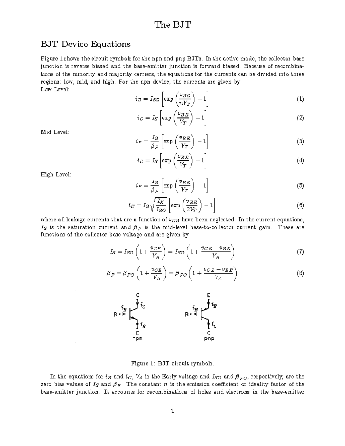Summary - Bjt device equations - The BJT BJT Device Equations Figure 1 ...